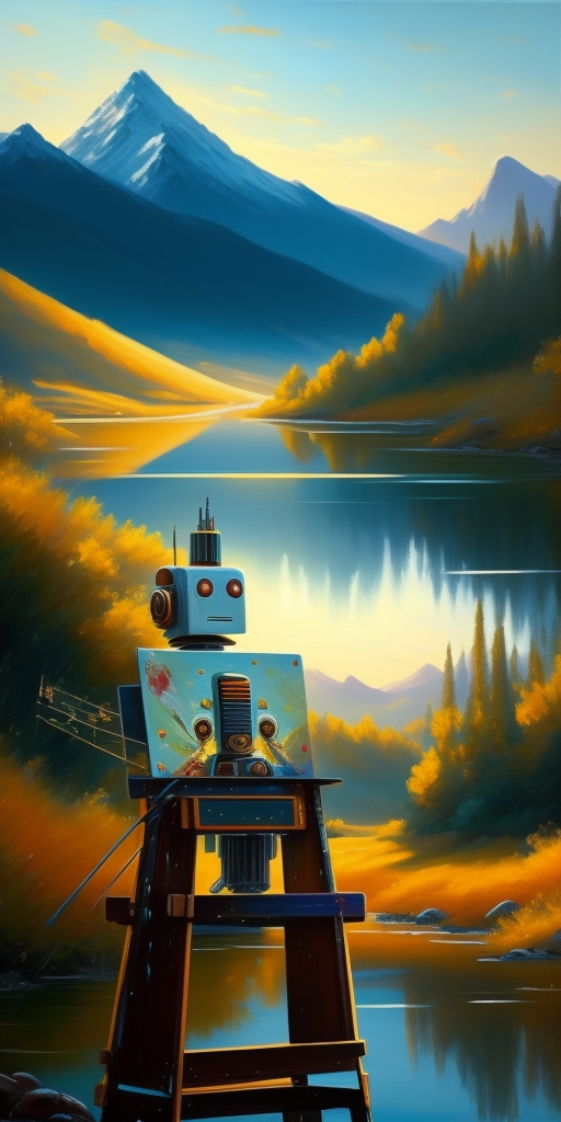 A Classic Robot Sitting At An Easel, Painting A Serene Landscape With A ...